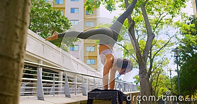Young Female Dancer Practicing Handstand on the Bench 4k Stock Footage ...