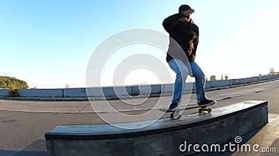 Young Guy Slides on a Skateboard Along the Ledge Stock Video - Video of ...