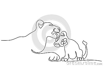 Young Lioness With Lion Cub One Line Drawing Cartoon Vector ...
