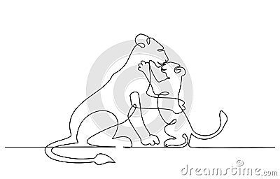 Young Lioness With Lion Cub One Line Drawing Vector Illustration ...