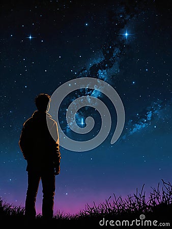 Young Man Gazing At Night Sky Stars Comic Book Style Illustration With ...