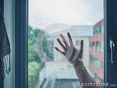 Young Man's Hand Touching Window With Dew Stock Photo - Image: 59295054
