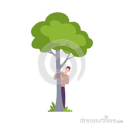 Young Man Standing And Peeking Behind Green Tree Vector Illustration ...