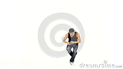 Young Man Stands on Hands Dancing Breakdance, White, Slow Motion Stock ...