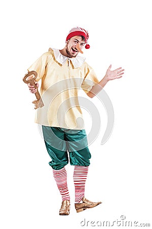 Young Smiling Man Posing In Pinocchio Costume Or Stock Photo ...