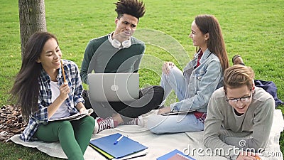 Young Students are Sitting on the Grass and Joyfully Chatting Together ...