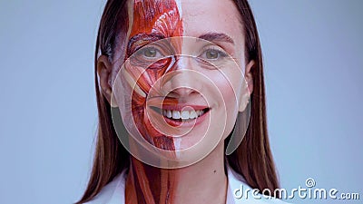 Young Woman with Half of Face with Muscles Structure Under Skin. Model ...