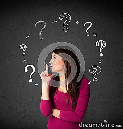 Young Woman Thinking With Question Mark Circulation Around Her H ...