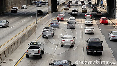 Zoom Out /Time Lapse of Traffic on Busy Freeway in Downtown Los Angeles ...