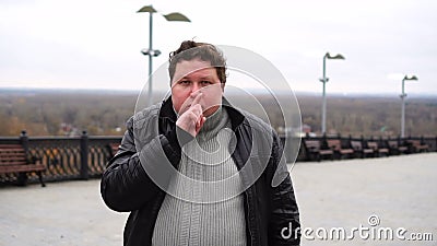 Zoom in Portrait of Fat Man Looking at Camera and Showing Shushing ...