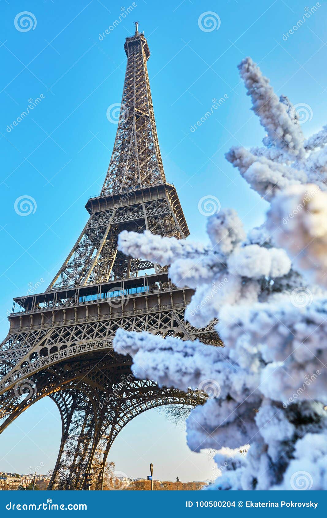Árvore De Natal Coberta Com a Neve Perto Da Torre Eiffel Em Paris Foto ...