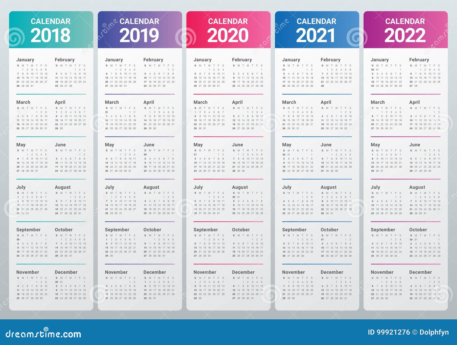 År 2018 Calendar 2019 2020 2021 2022 Vektorn Vektor Illustrationer ...