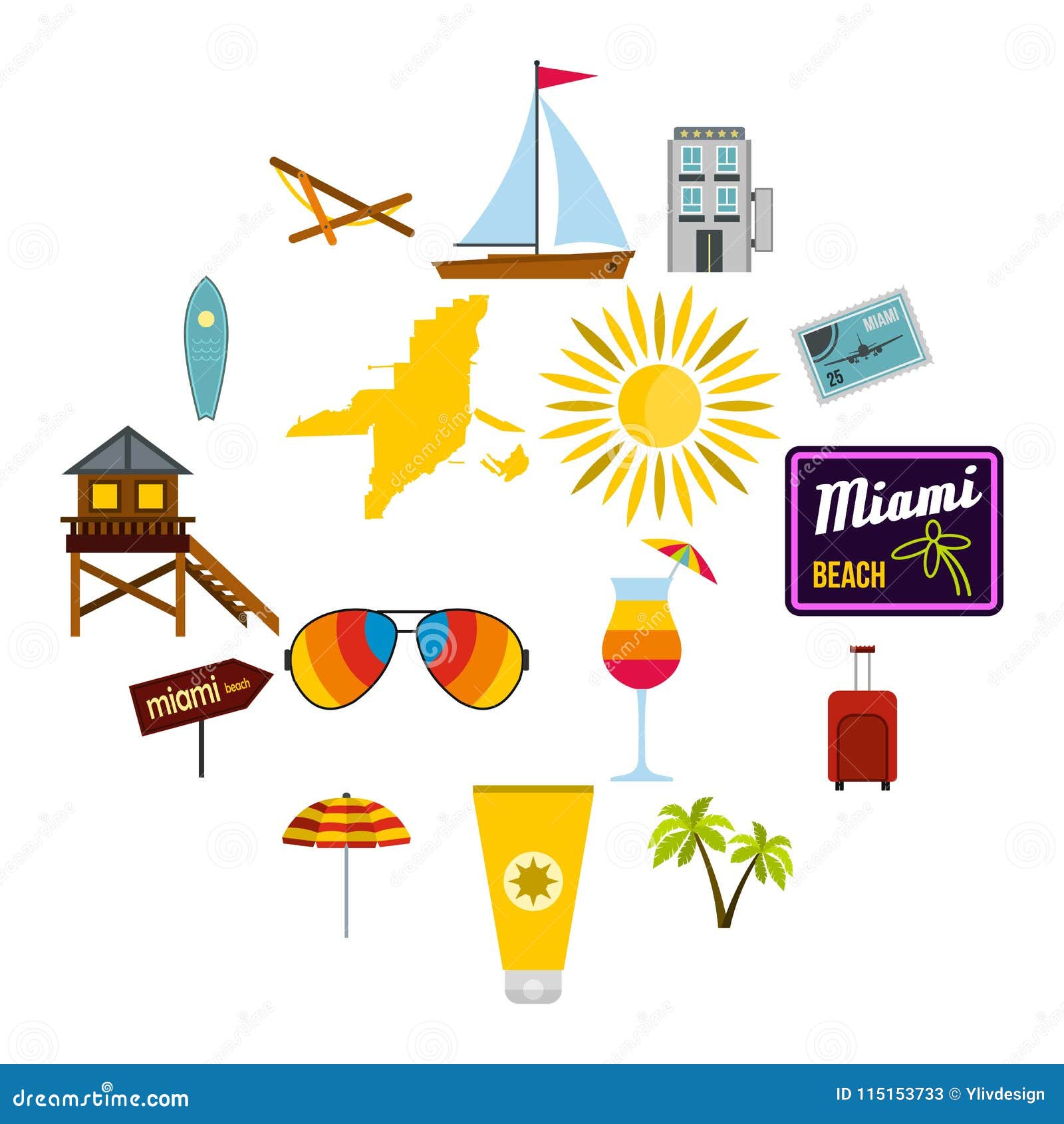 Ícones Ajustados, Estilo Liso De Miami Ilustração do Vetor - Ilustração ...