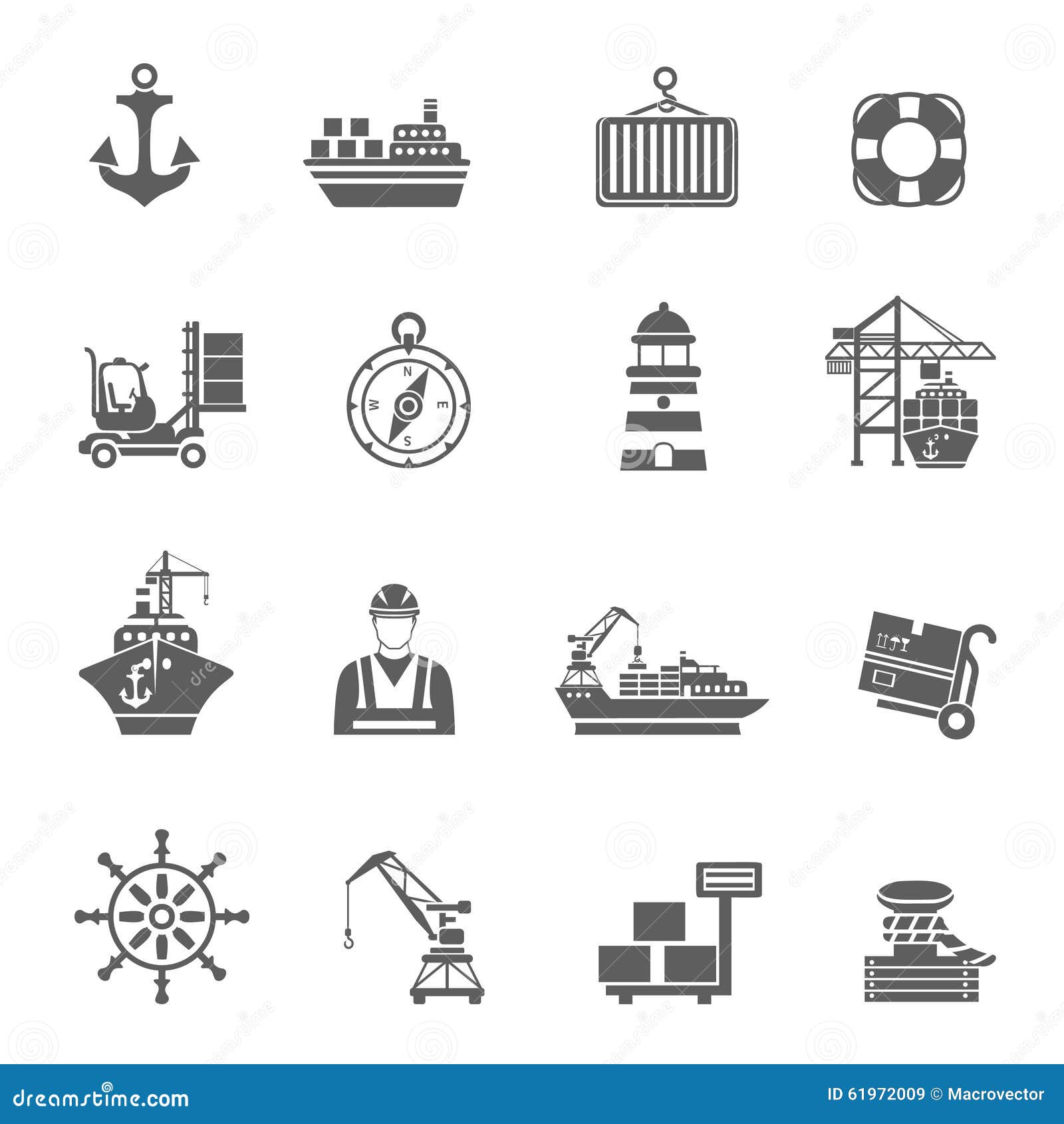 Ícones do porto marítimo ilustração stock. Ilustração de barco - 61972009
