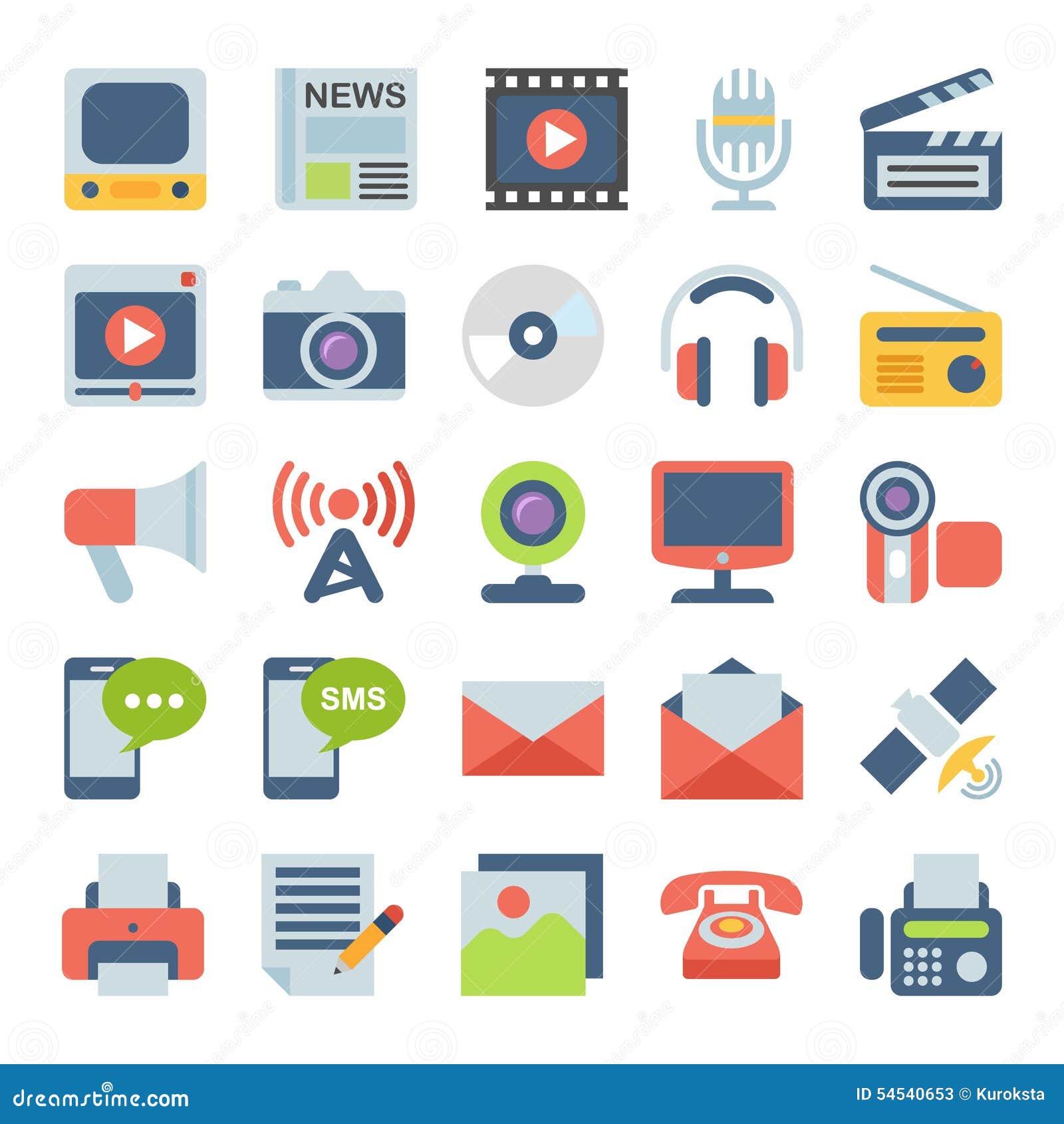 Ícones Lisos Dos Meios E Da Comunicação Ilustração do Vetor ...