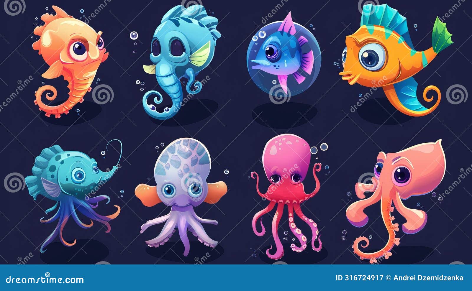 Cartoon Sea Creatures Including Seahorses and Puffer Fish. Cartoon Sea ...
