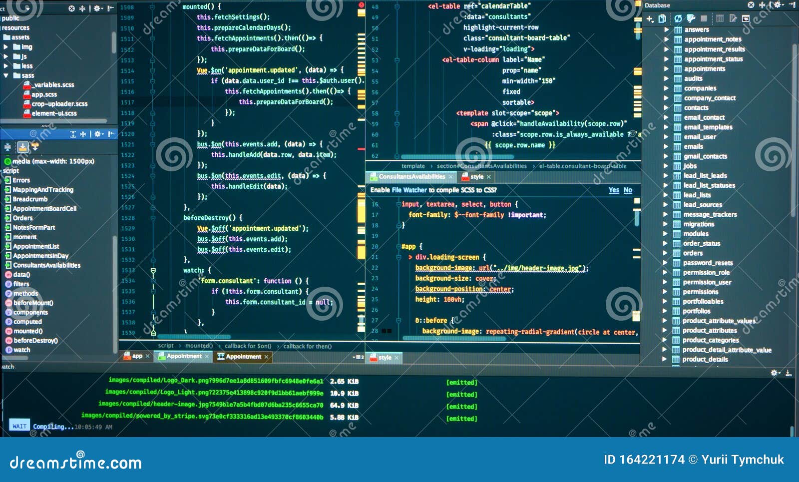 Ð’atabase Structure, Code Structure, Concole, Logs, Frontend, Markup ...