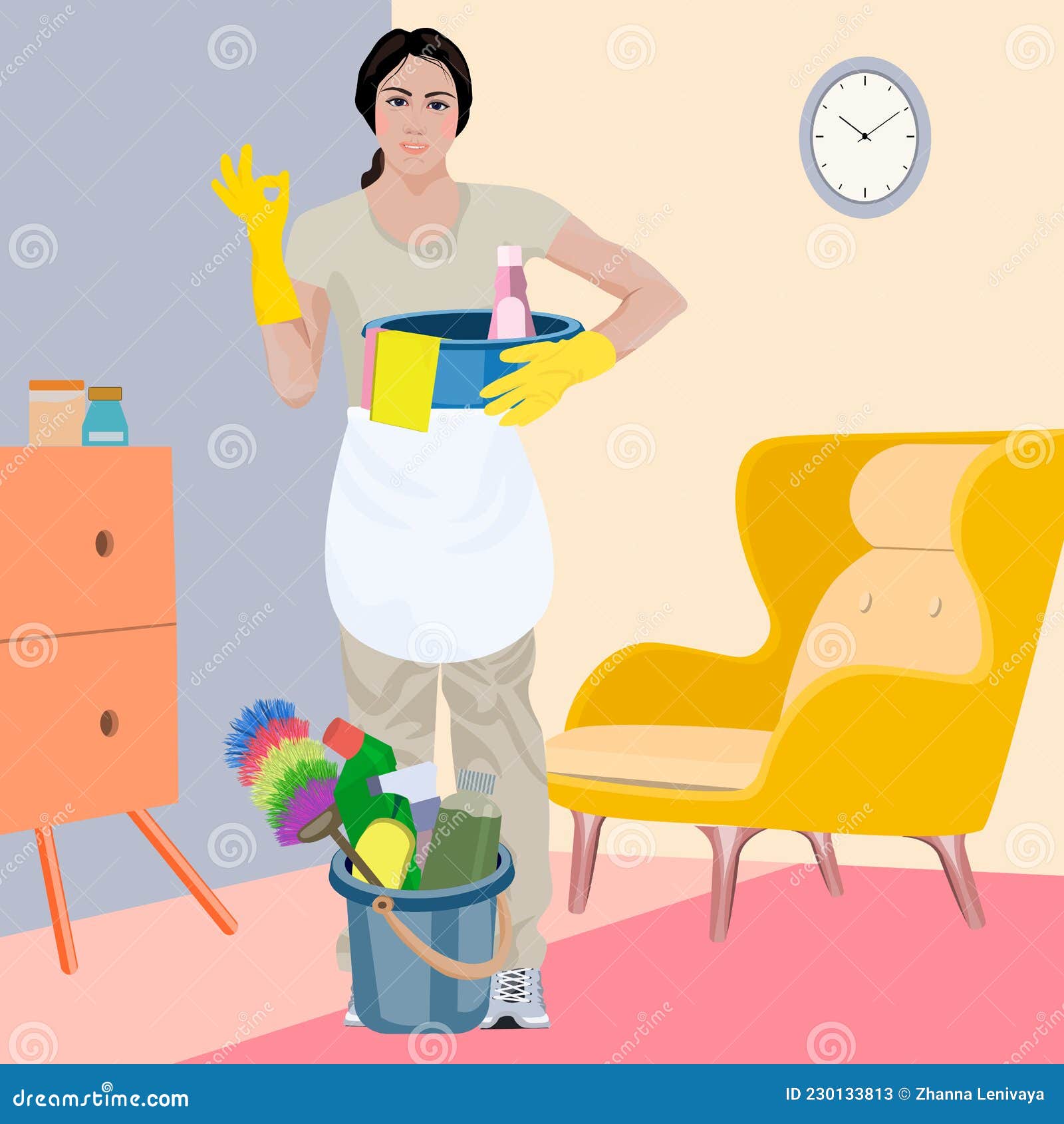 Cleaning the Apartment by a Girl Stock Vector - Illustration of dress ...