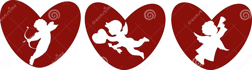 Icons of Red Hearts with Shadow of Cupids in Different Poses and with ...