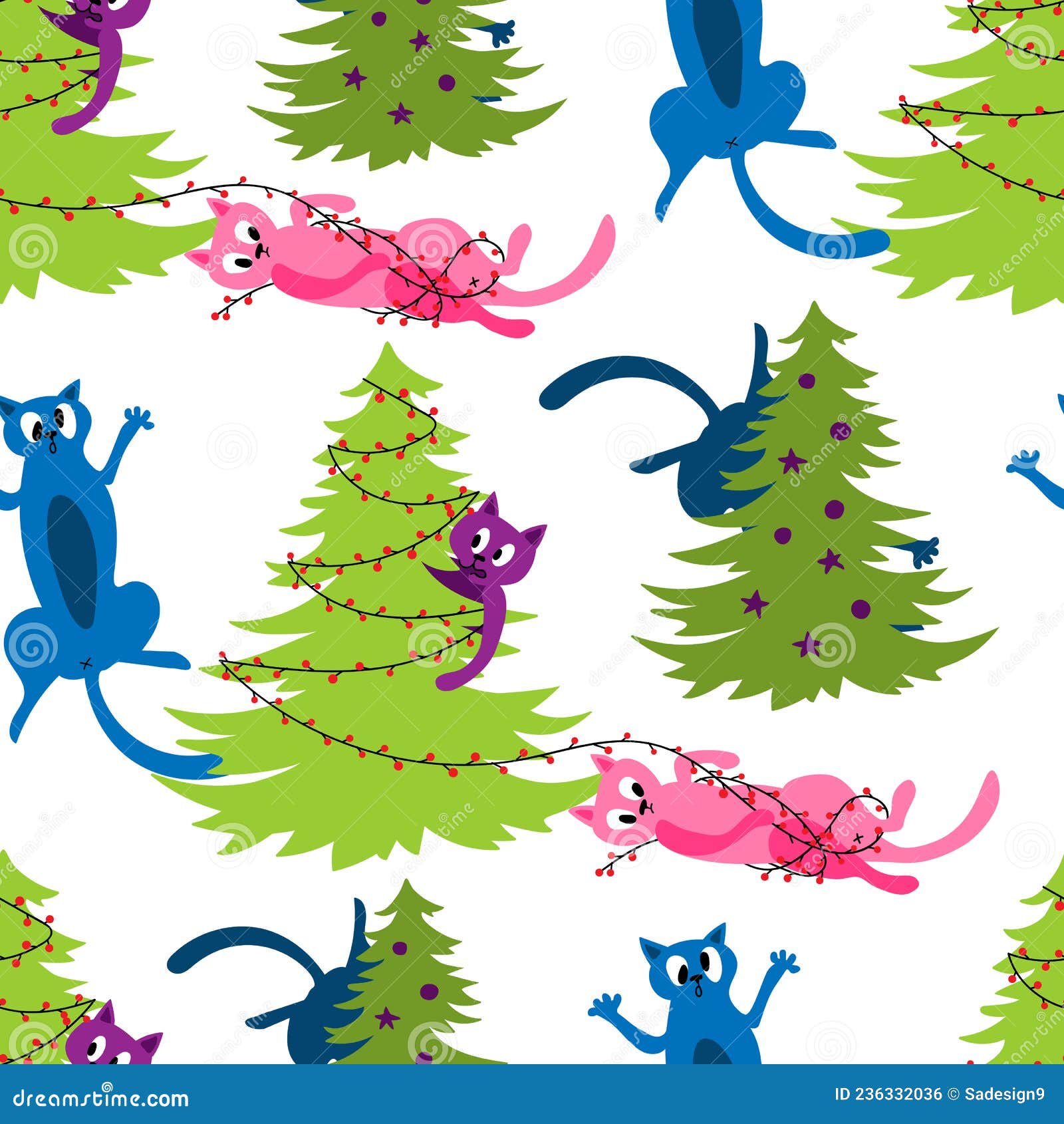 Funny Seamless Pattern with Cats Attacking a Christmas Tree. Stock ...