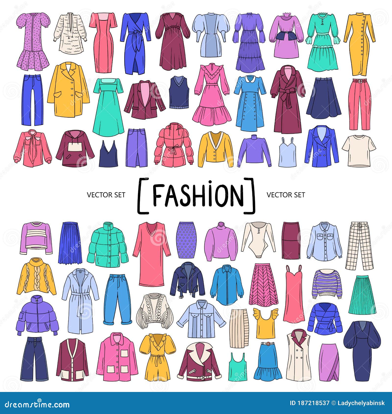 Vector Set with Isolated Colored Doodles of Women`s Clothing, Wear on ...