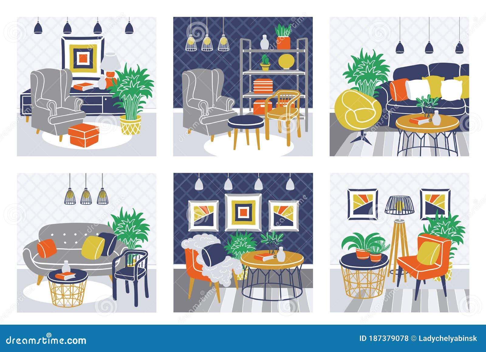Vector Set with Colored Home Interior Design, Living Room Furniture ...