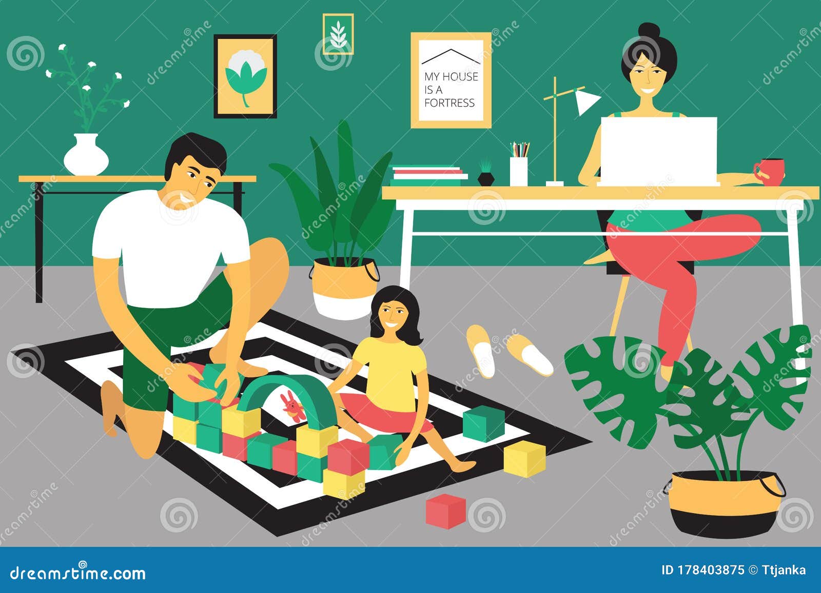 Happy Family at Home. Mother Works Online at a Laptop, Remote Work ...