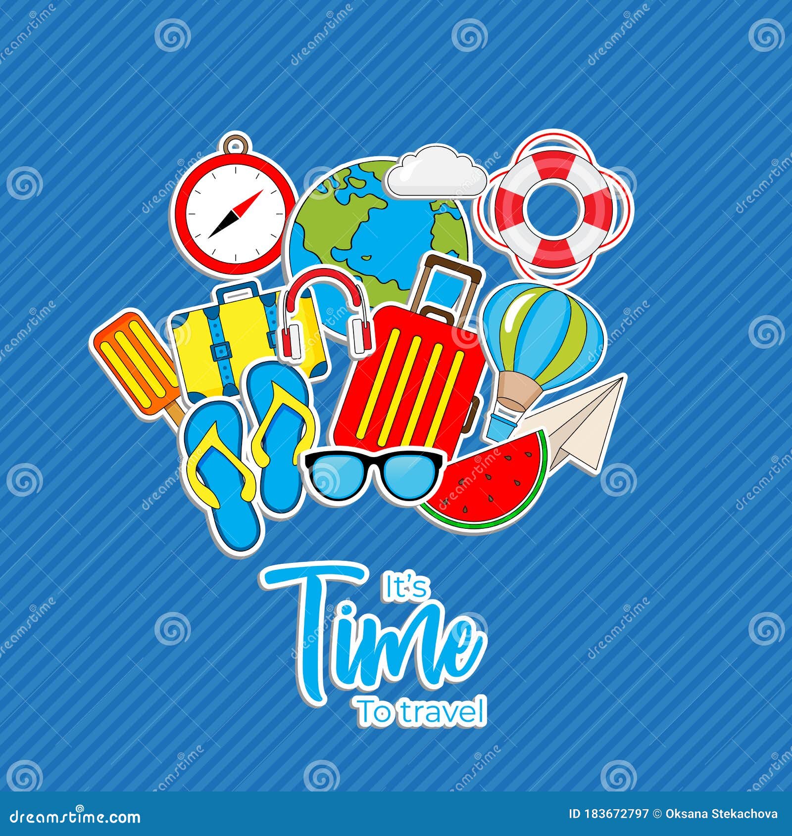 It`s Time To Travel. Vector Lettering Illustration Isons on Blue ...