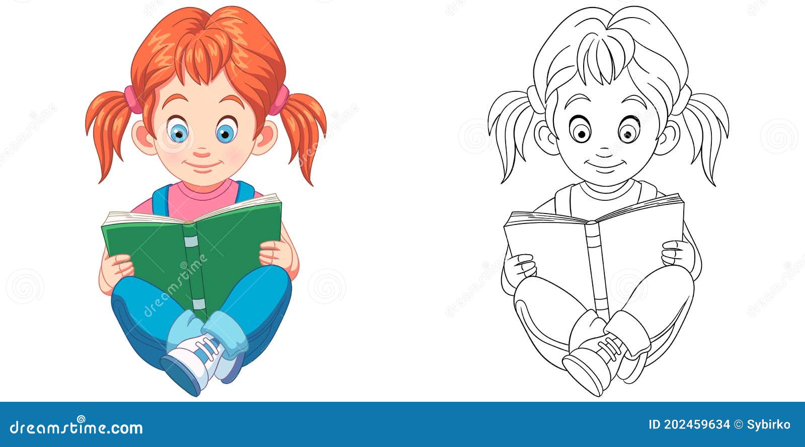 Coloring Page with Girl Reading Stock Vector - Illustration of school ...