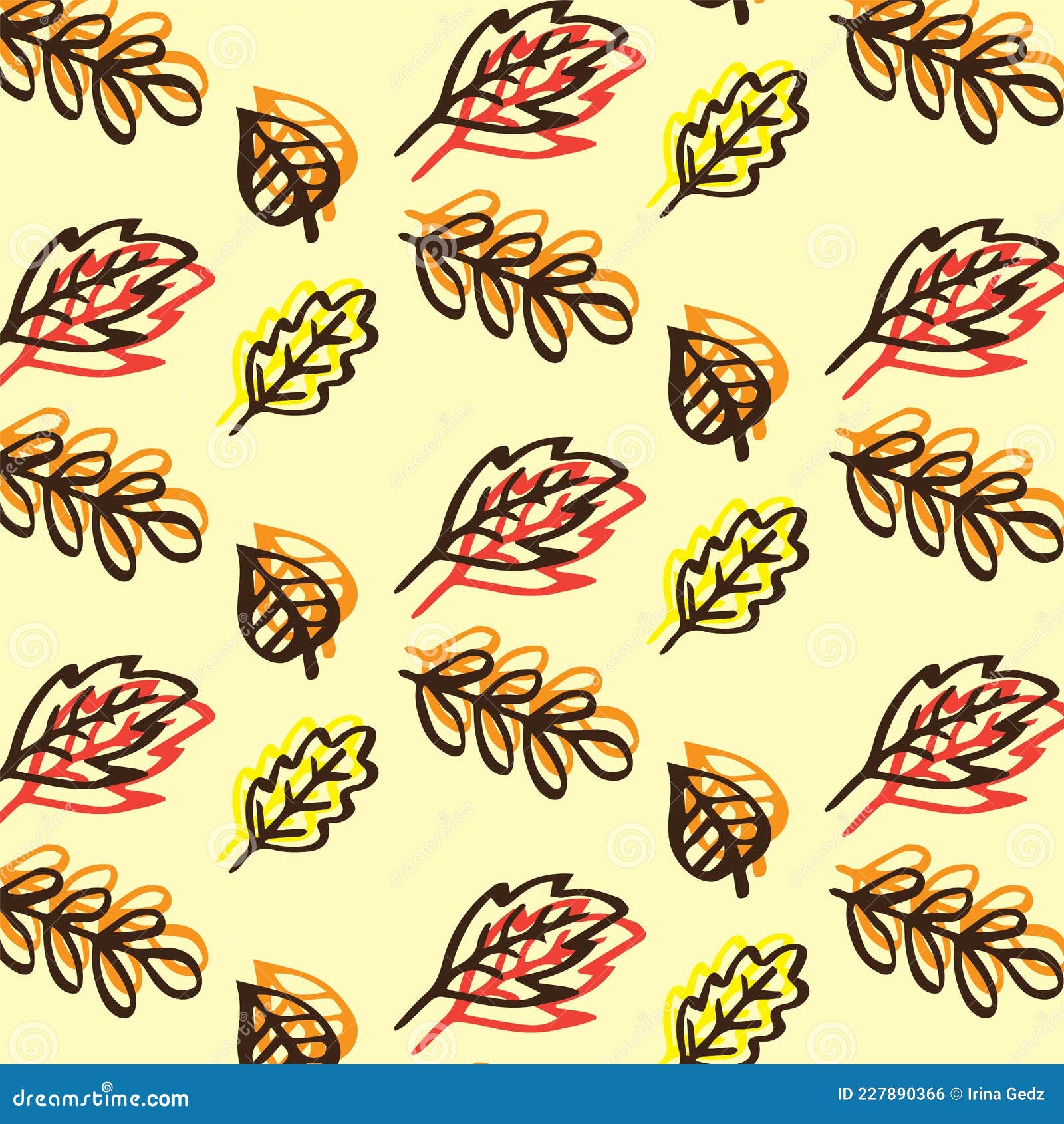 Seamless Colorful Pattern with Autumn Leaves on Beige Background. Hand ...