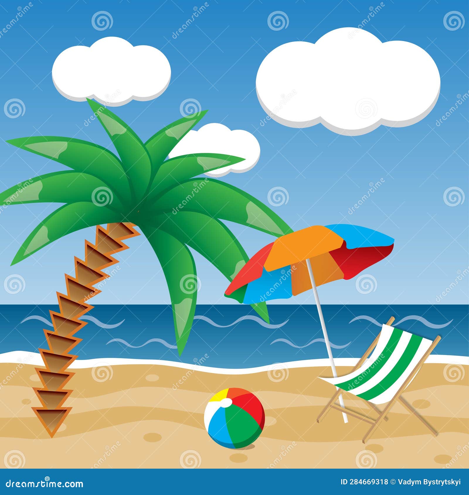 Summer Beach Rest Colorful Vector Illlustration Bright Sky with Clouds ...