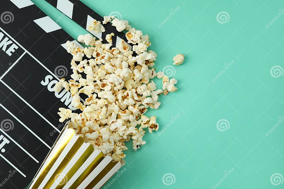 Ð¡lapperboard and Paper Box with Popcorn on Mint Background Stock Image ...