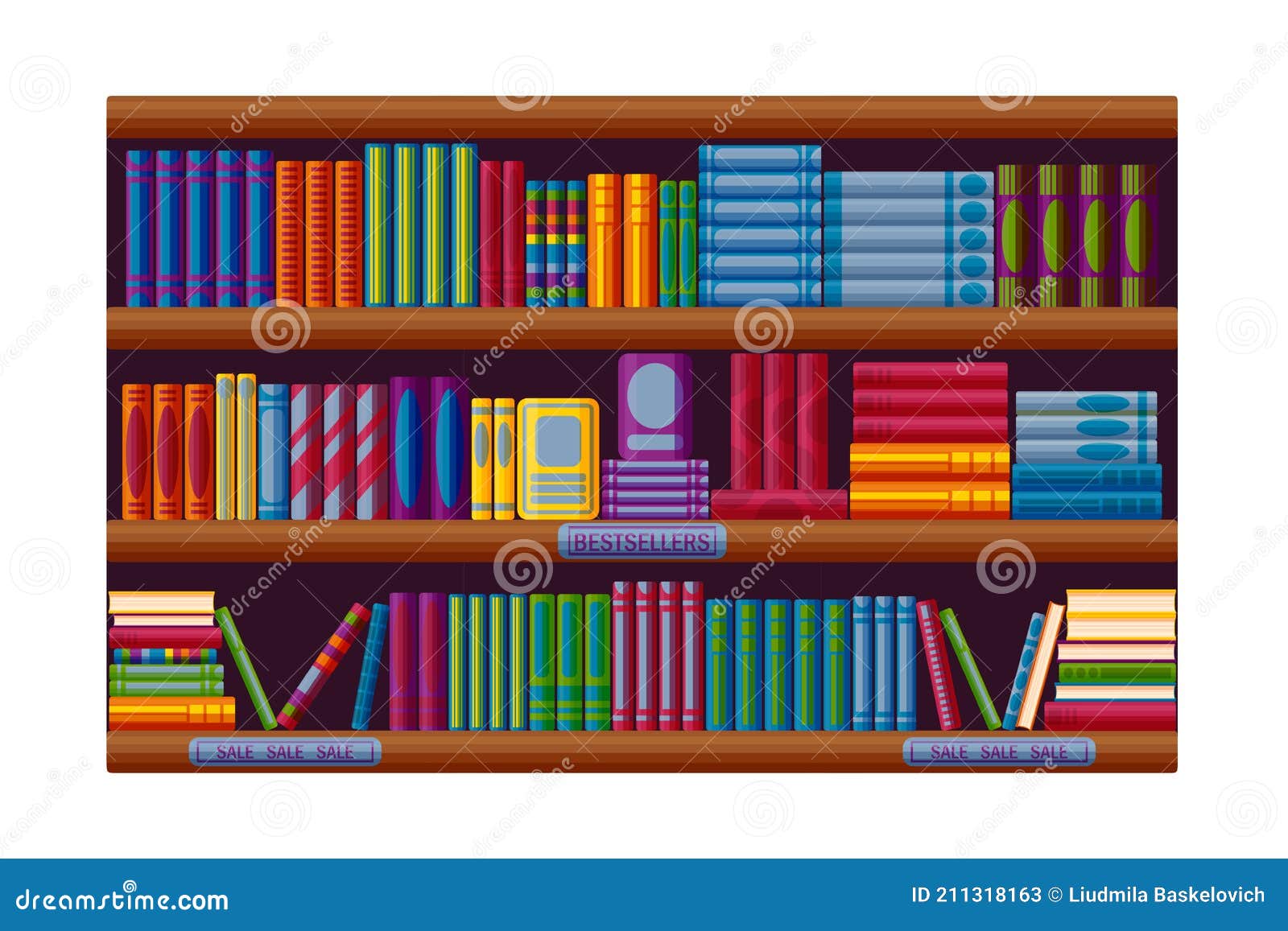 书架上装有畅销书和销售选项. 卡通风格的书架. 矢量图插图 向量例证 - 插画 包括有 许多, 书架: 211318163