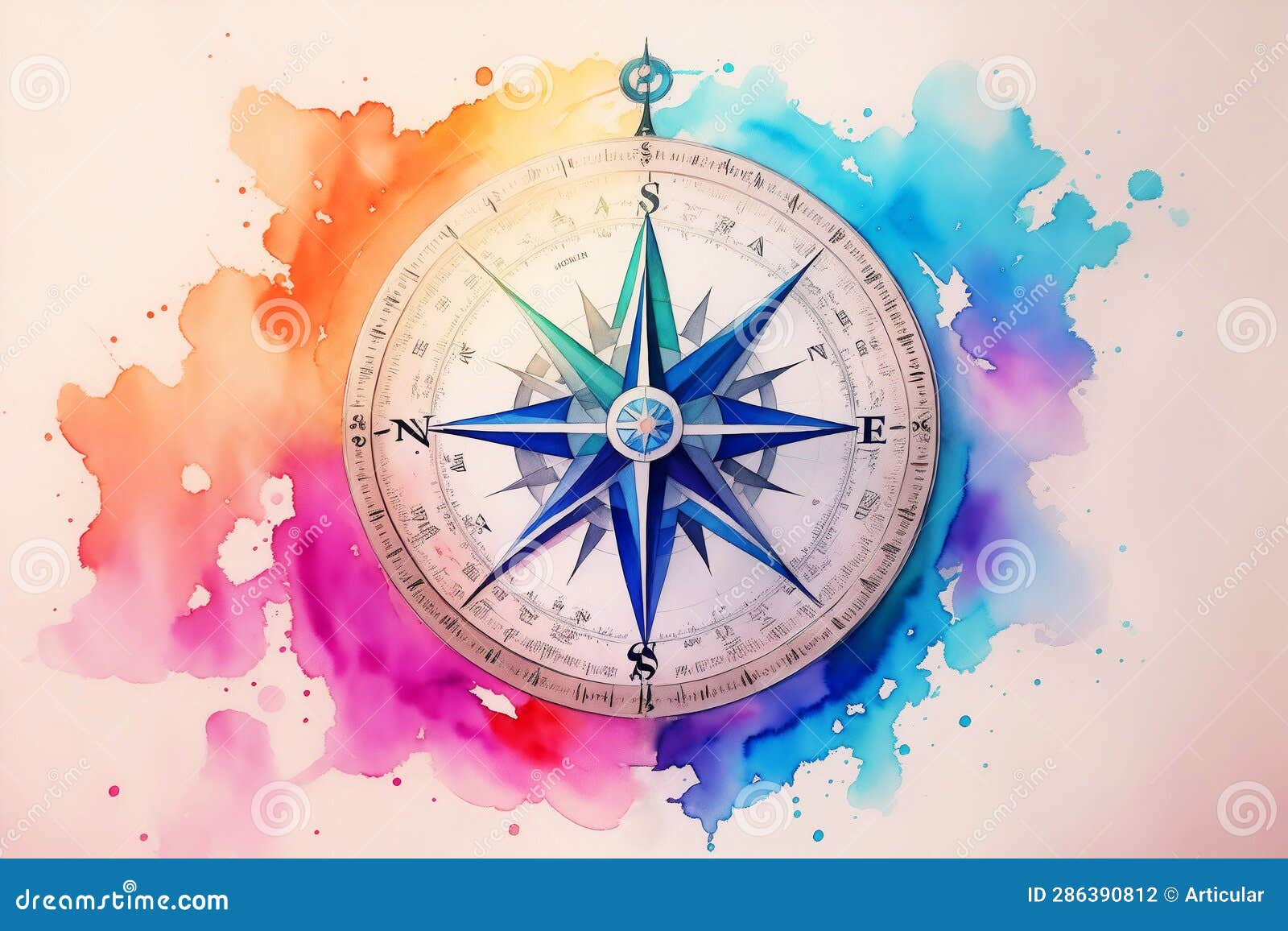Watercolor Compass Illustration with Colorful Paint Splash. Aquarelle ...