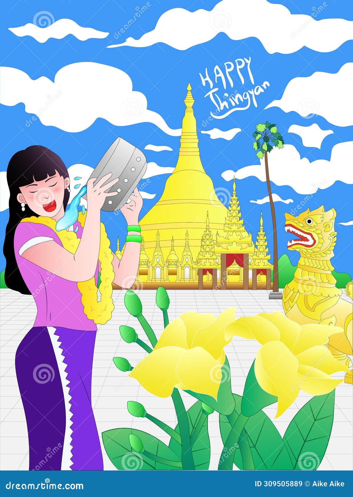 Myanmar Traditional Water Splashing Festival Vector Illustration Poster ...