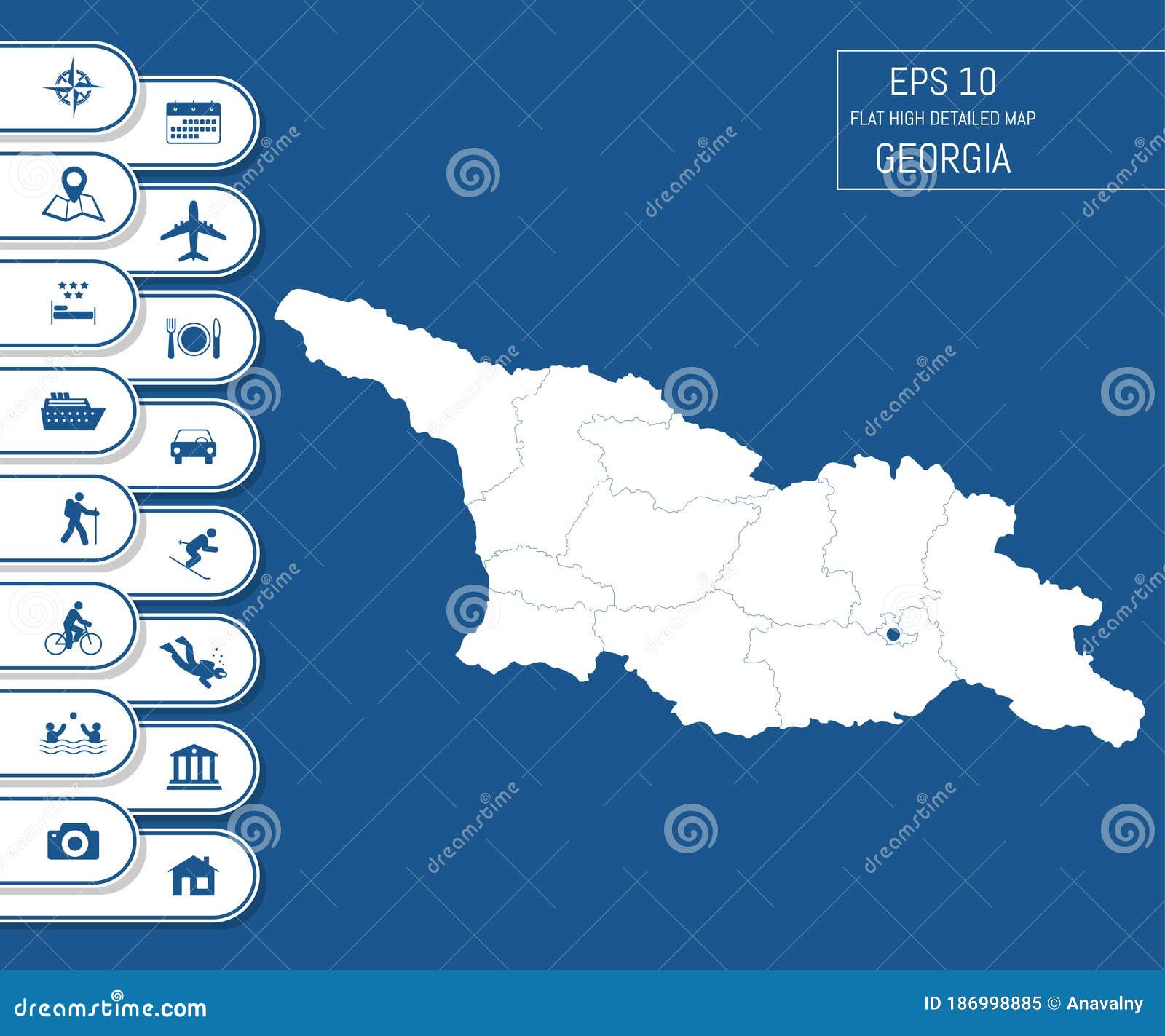 平高详细格鲁吉亚地图. 划分为可编辑的行政区划轮廓. 度假和旅行图标. 向量例证 - 插画 包括有 é«˜, æœ‡å —é: 186998885