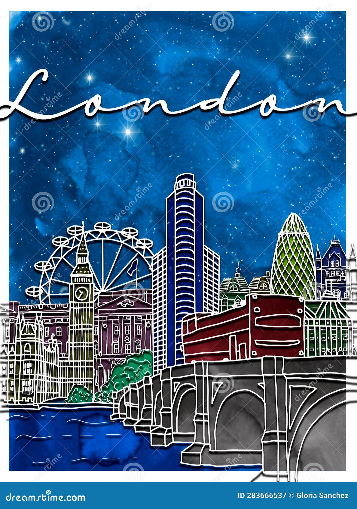 Skyline at Night London Watercolour Line Art Illustration, Starry ...