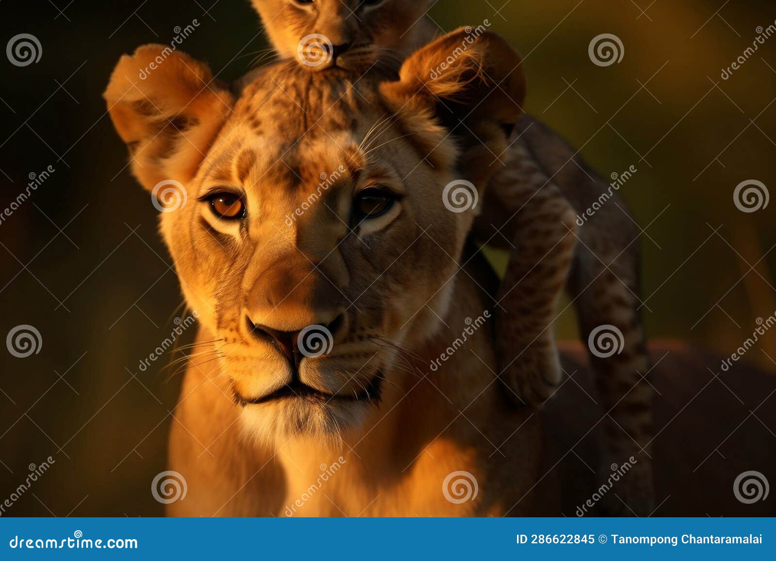 Baby Lion Cub on Lioness S Back at Savanna Grassland in the Evening ...