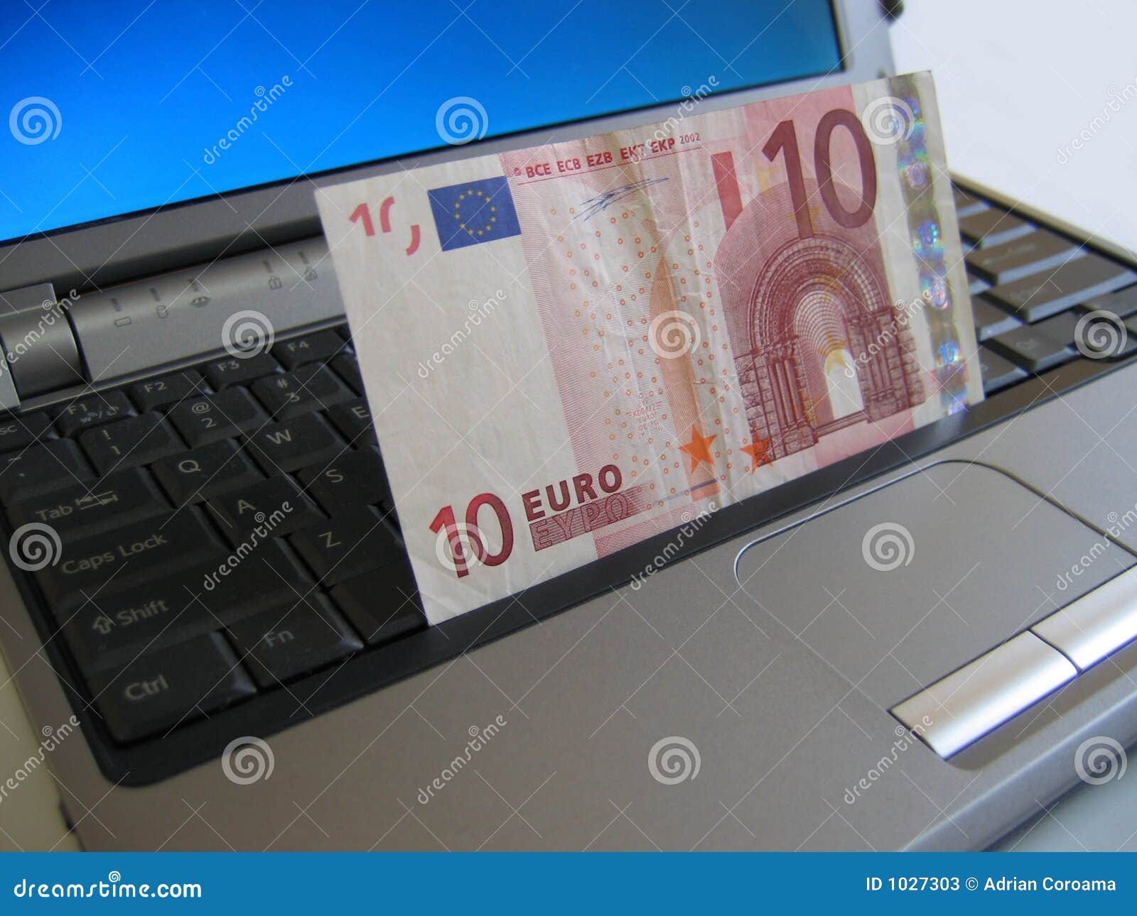 10 Euro on laptop stock image. Image of money, white, blue - 1027303