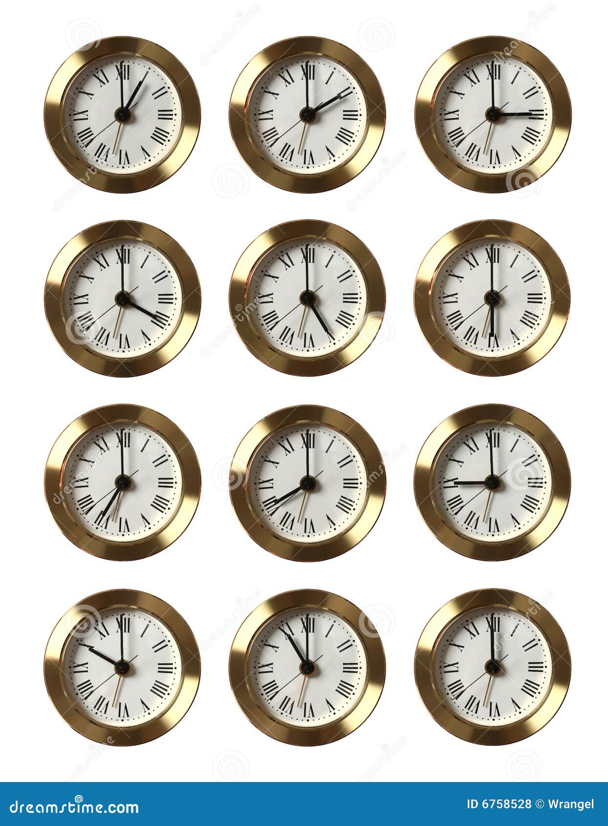 12 Clocks Showing Different Time Stock Photo - Image of face, number ...