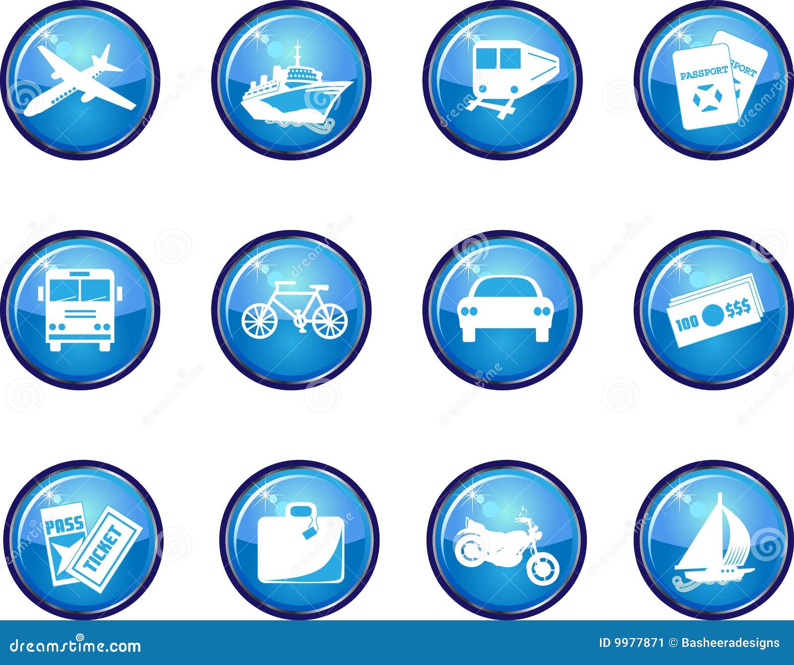 12 Glossy Blue Vector Travel Icons. Stock Vector - Illustration of ...