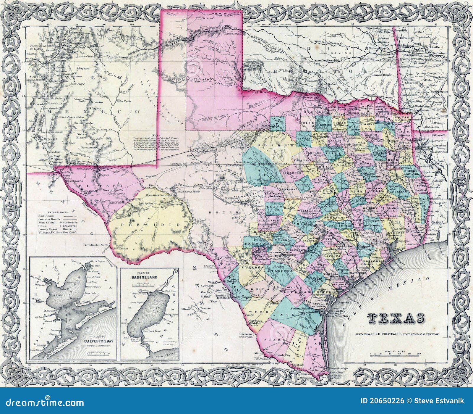 1855 antique map of Texas stock illustration. Illustration of land ...