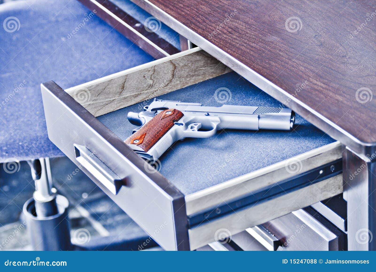 1911 handgun in drawer stock photo. Image of knob, bullet - 15247088
