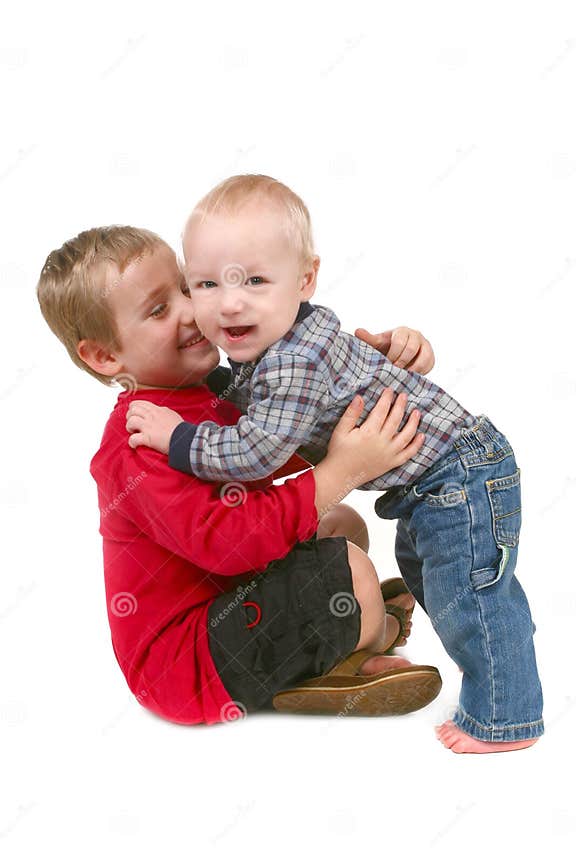 2 Brothers Hugging Eachother on White Background Stock Image - Image of ...