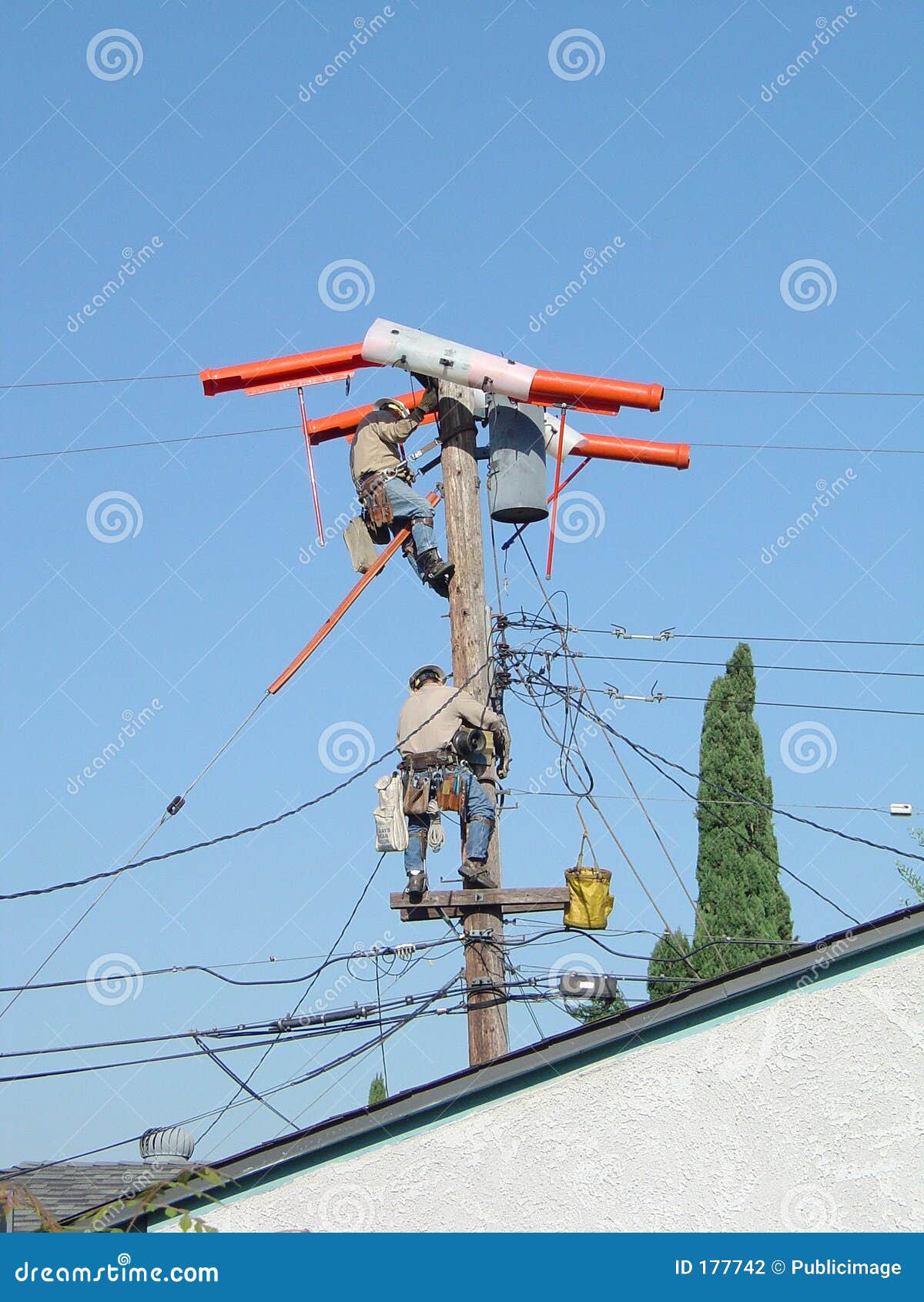 2 linemen on pole stock photo. Image of workers, lineman - 177742