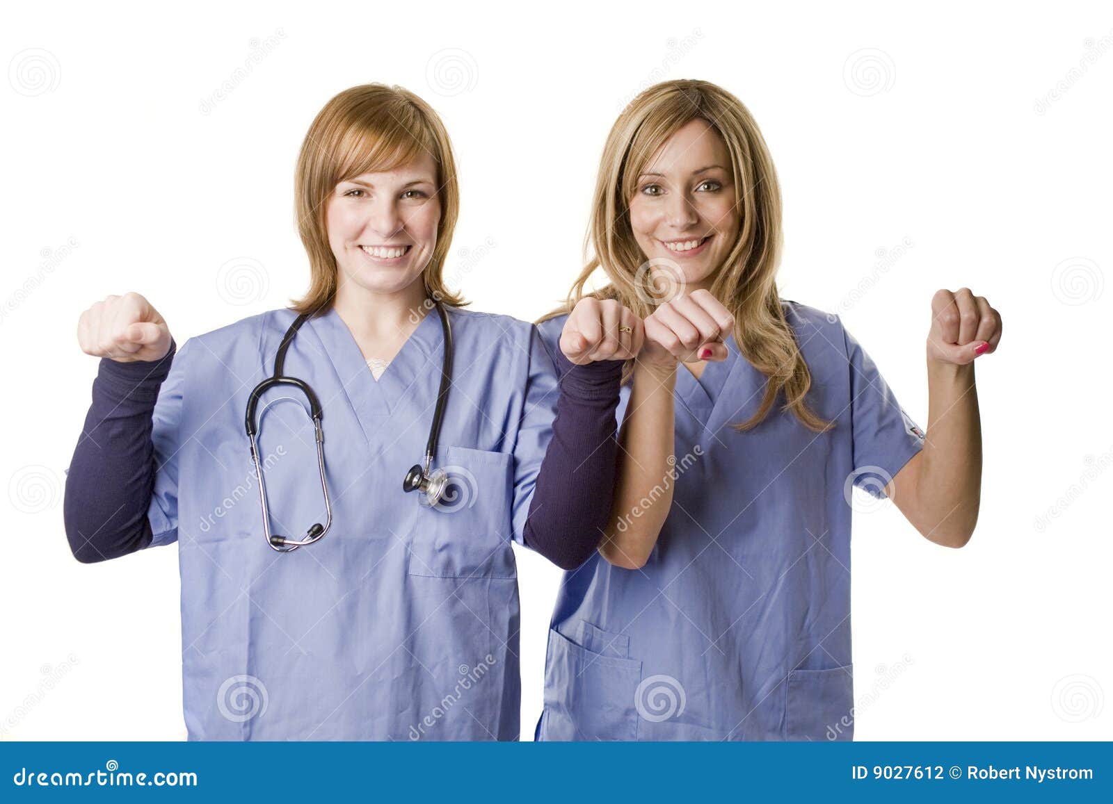 2 Nurses Holding Sign Isolated on White Stock Photo - Image of blue ...