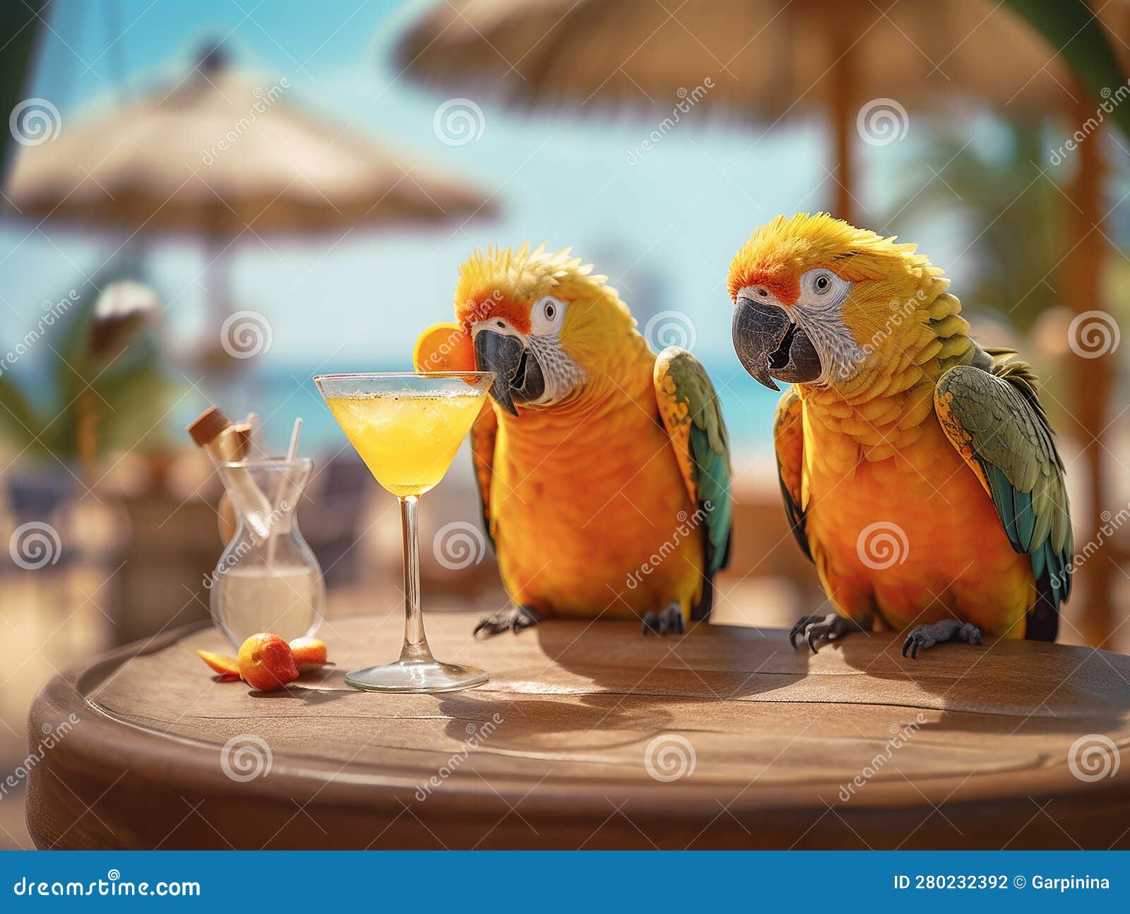 2 Parrots Having Having Fun on Vacation, Cocktails and Sunset, Ai ...