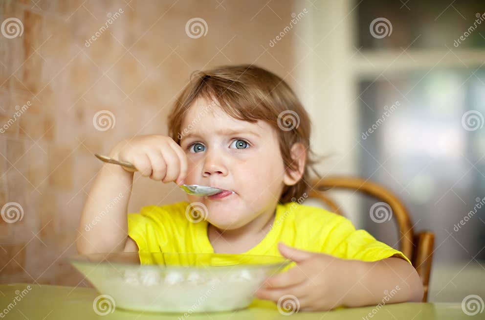 2 Years Child Himself Eats from Plate Stock Photo - Image of plate ...