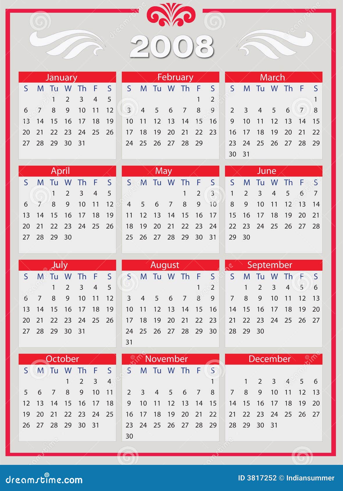 2008 De Vectorkalender Van Het Jaar Vector Illustratie - Illustration ...