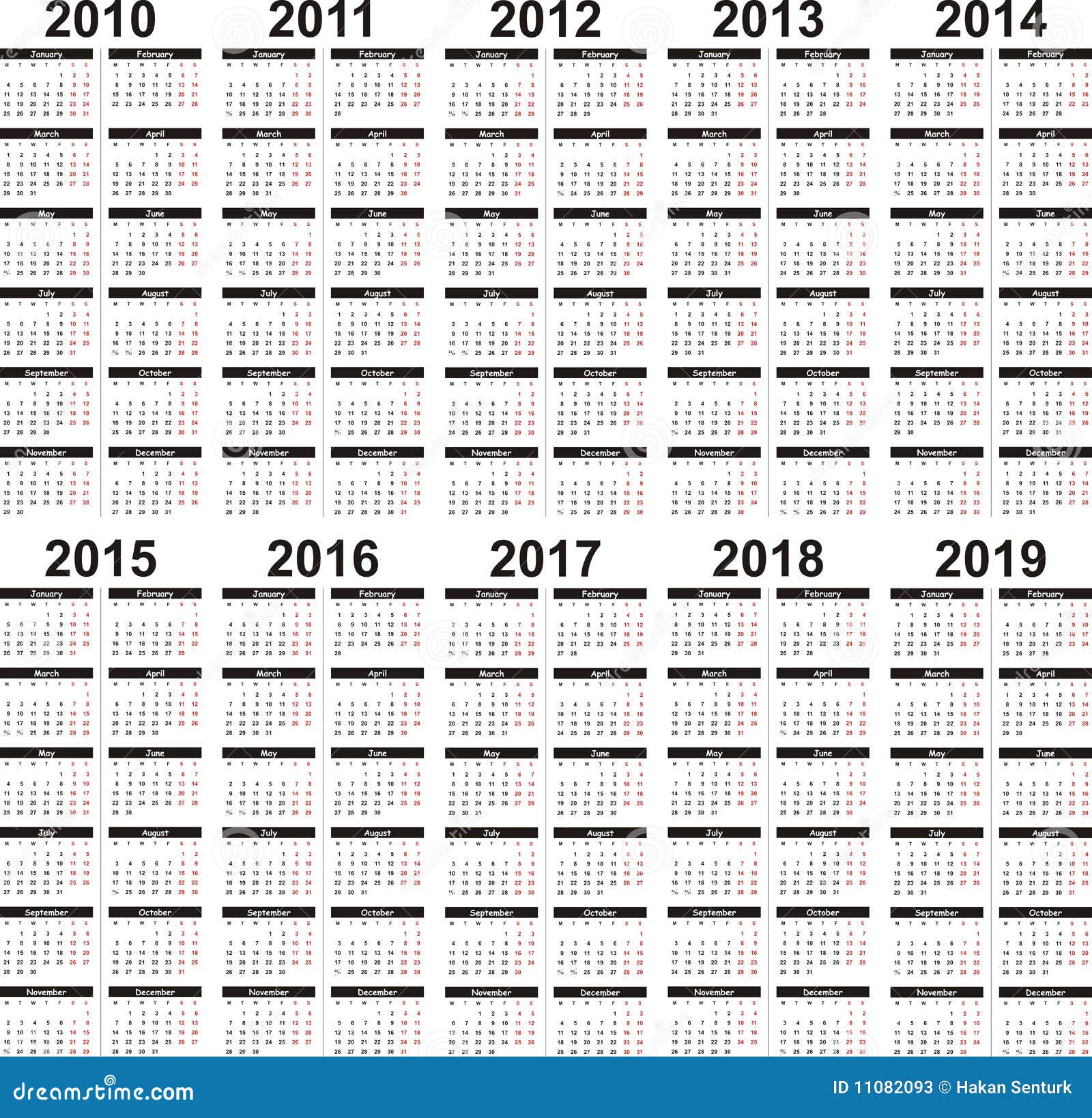 2010 2019 kalendarz ilustracja wektor. Ilustracja złożonej z weekend ...